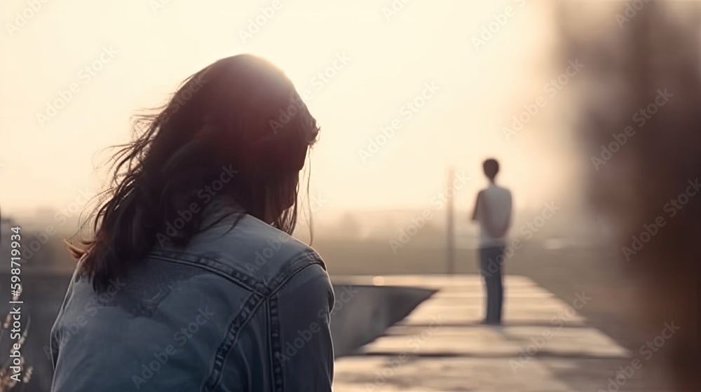 Crying woman against blurred man silhouette, quarrel of lovers outdoor ...