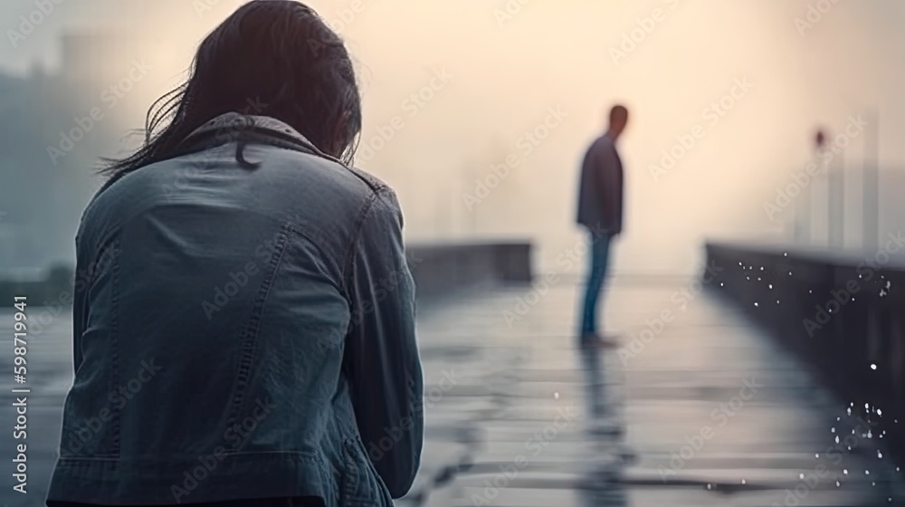 Crying woman against blurred man silhouette, quarrel of lovers outdoor ...