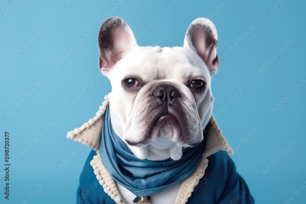 Cute bulldog portrait with fancy haircut, wearing human clothes, over ...