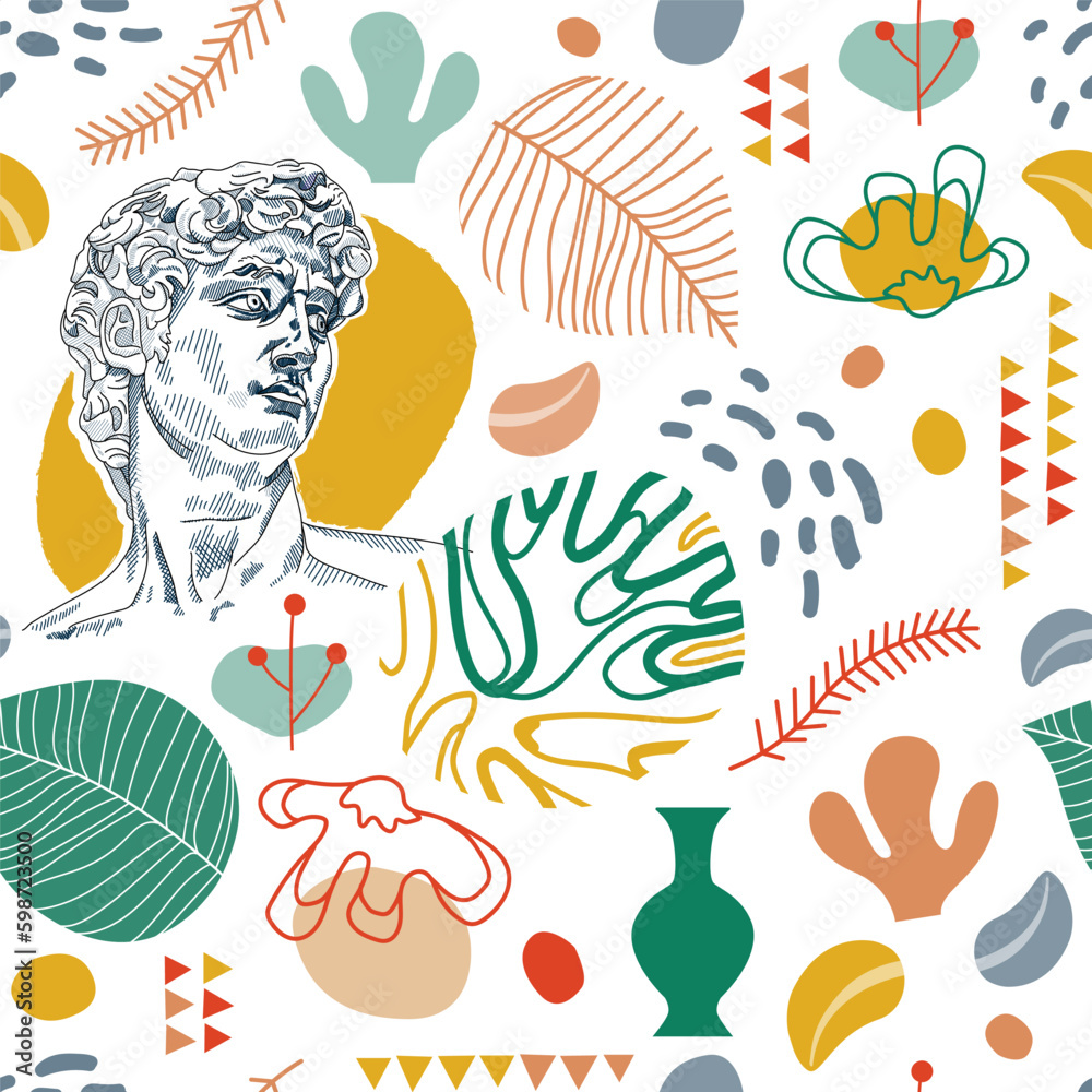 Seamless pattern with ancient statues. Ancient Greek sculpture elements ...