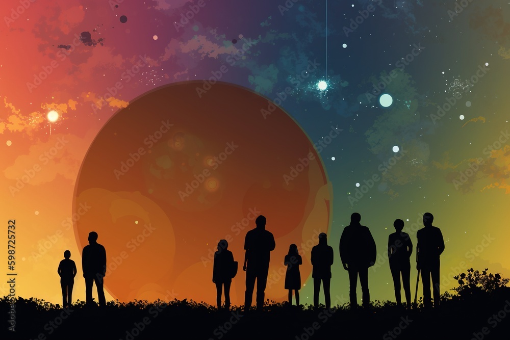 A group of people stand in a clearing and look at the planets that are ...