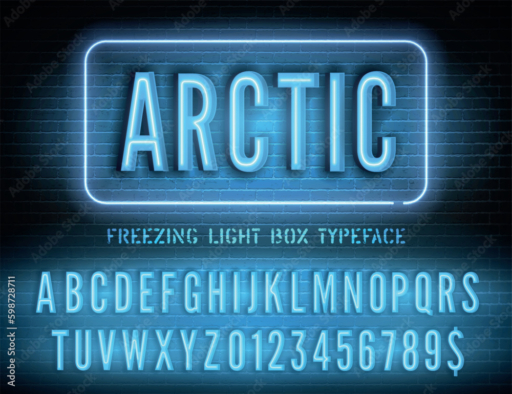 Blue box neon font with numbers on dark brick wall background. Vector ...