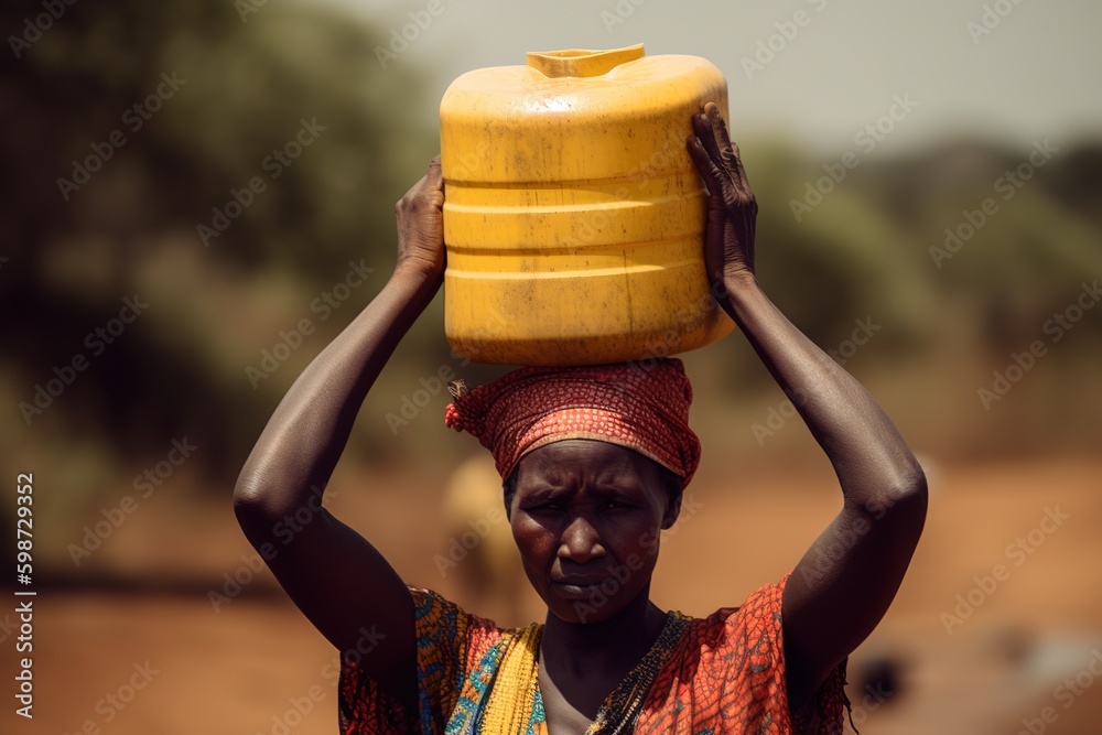 African mature woman holding water container on her head. Generative AI ...