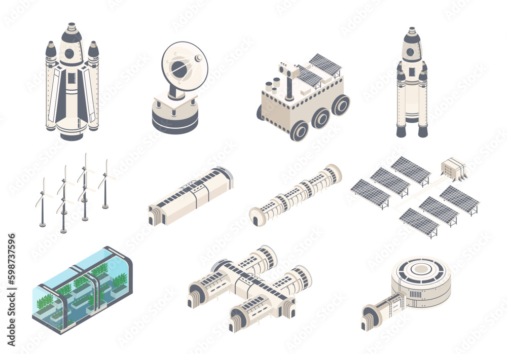 Mars isometrics set. Collection of graphic elements for website. Space craft, satellite, rover ...