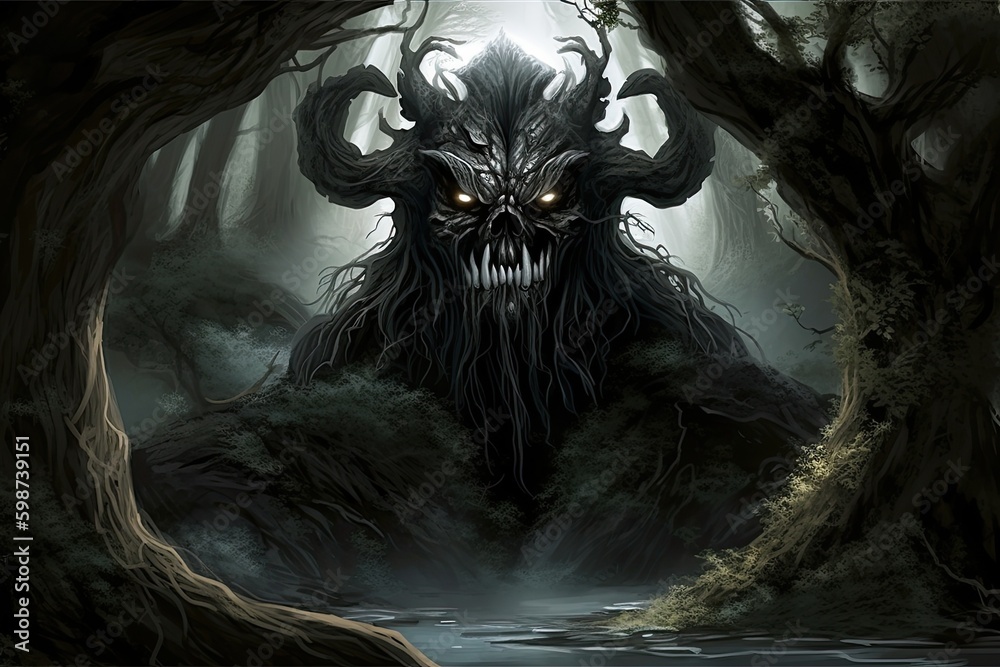 menacing horned demon lurking in a dark, ominous forest. Generative AI ...