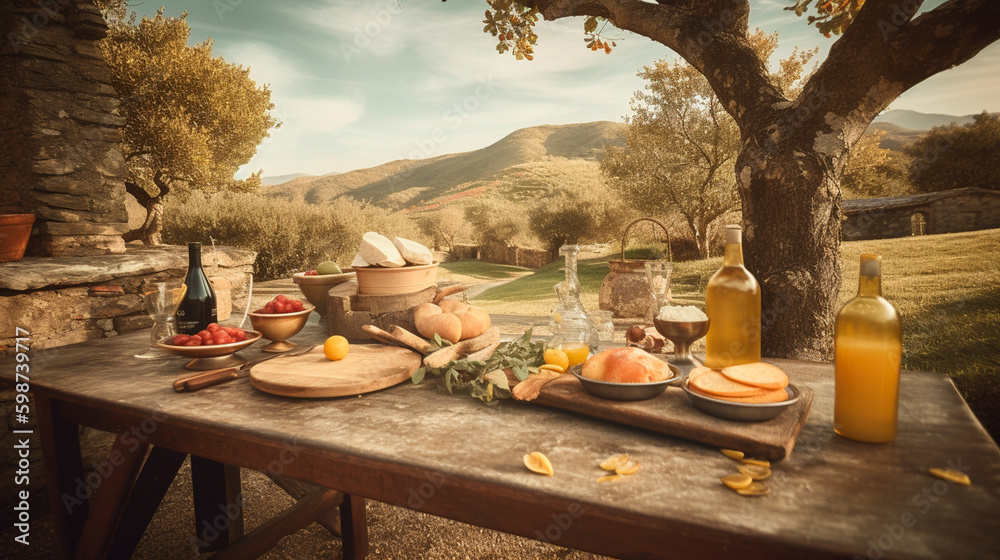 Outdoor rustic table with cheese, wine and olive oil in an italian ...