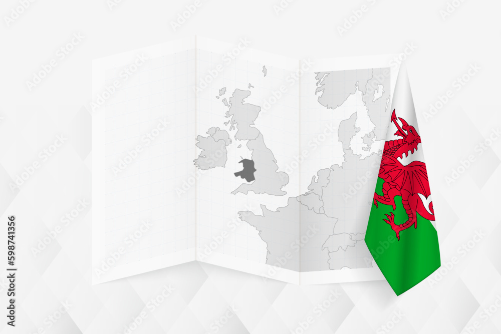 A grayscale map of Wales with a hanging Wales flag on one side. Vector ...
