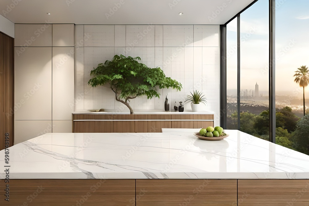 Simplicity Meets Luxury: 3D Rendered White Marble Counter and Natural ...