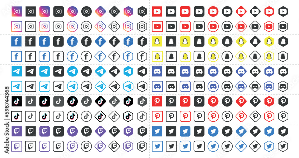 Popular social network symbols, social media logo icons collection in ...