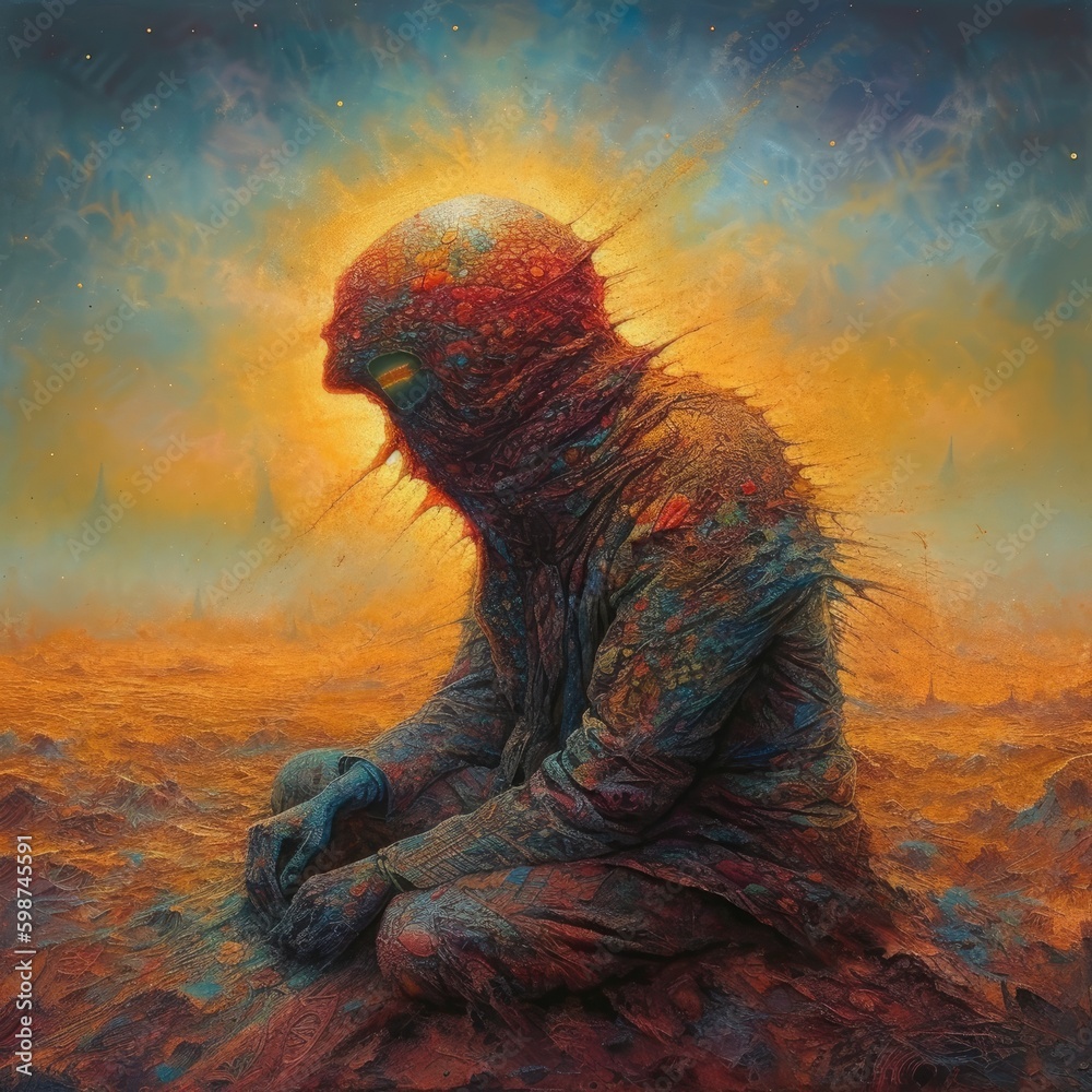 A surreal entity kneels on the sand in an endless, malleable ...