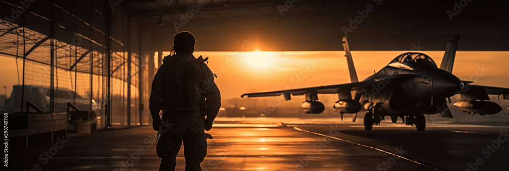 Sunset backlit view of military fighter jet pilot beside parked ...