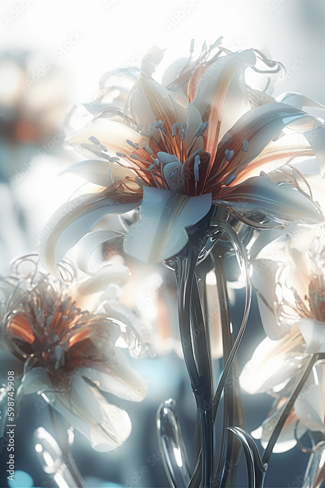 ภาพประกอบสต็อก Translucent futuristic inorganic flowers, white ...