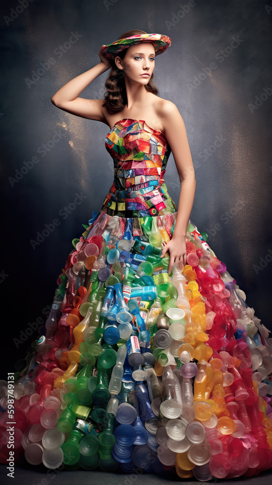 A woman in multicolored recycled plastic dress outfit, AI recycled ...