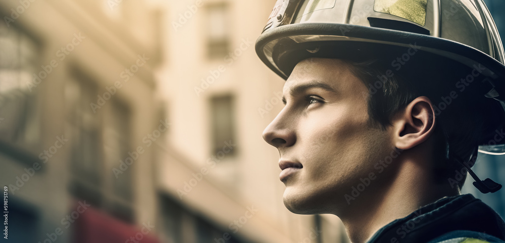 Firefighter portrait on duty. Photo of fireman in uniform and helmet ...