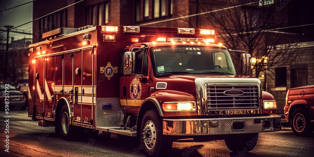 Red fire truck emergency vehicles. The fire engines are with ladders ...