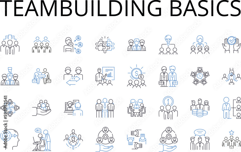 Teambuilding basics line icons collection. Leadership essentials ...