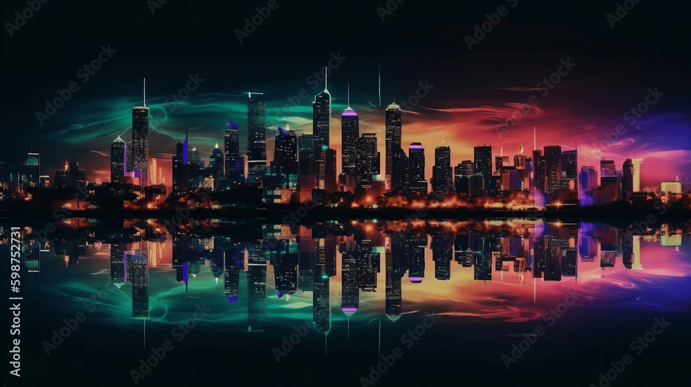 Futuristic City Water Reflected In The Style Of Hyper Colorful ...