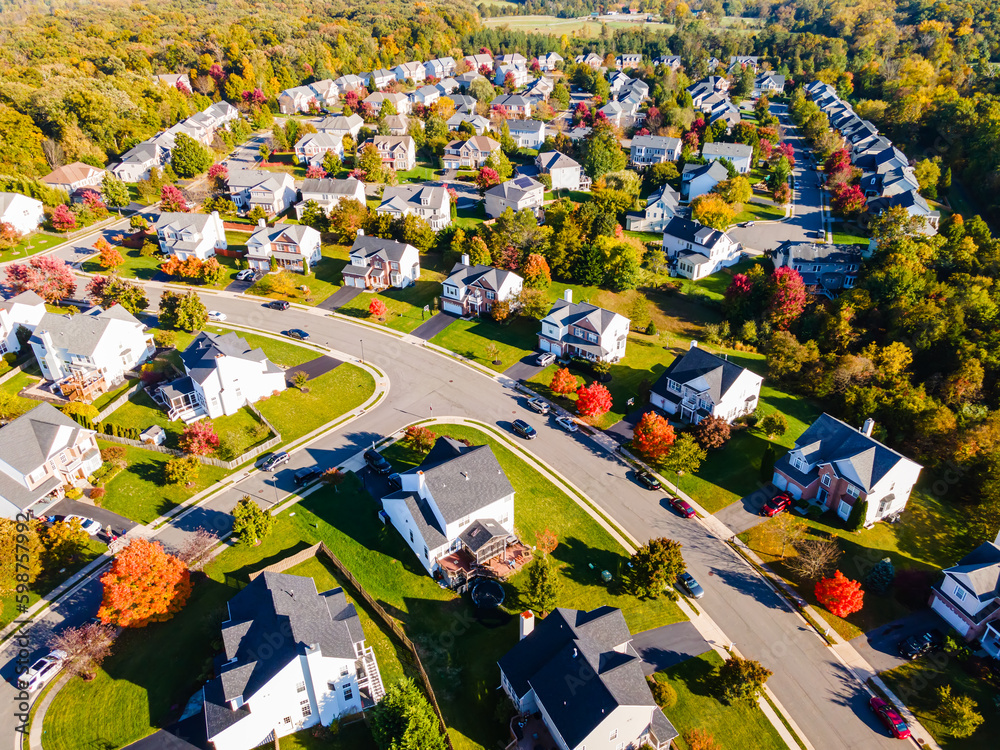 low-rise residential neighborhoods in Virginia. View from above ...