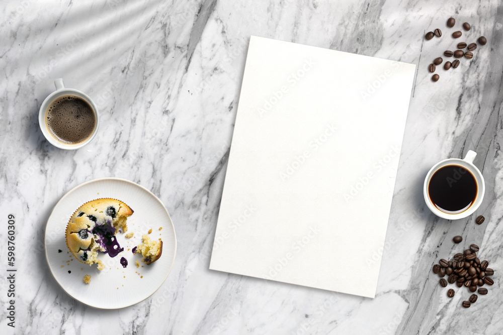 White card blank café menu template mockup on marble with coffee cups ...
