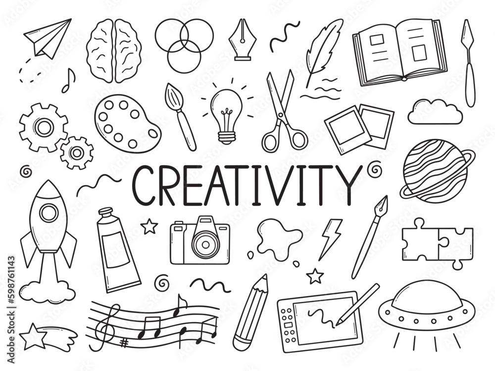 Creativity doodle set. Art in sketch style. Hand drawn vector ...
