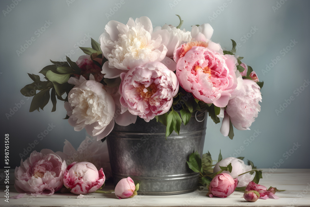 still life photograph, mixed bunch of open flowering peonies in pastel ...
