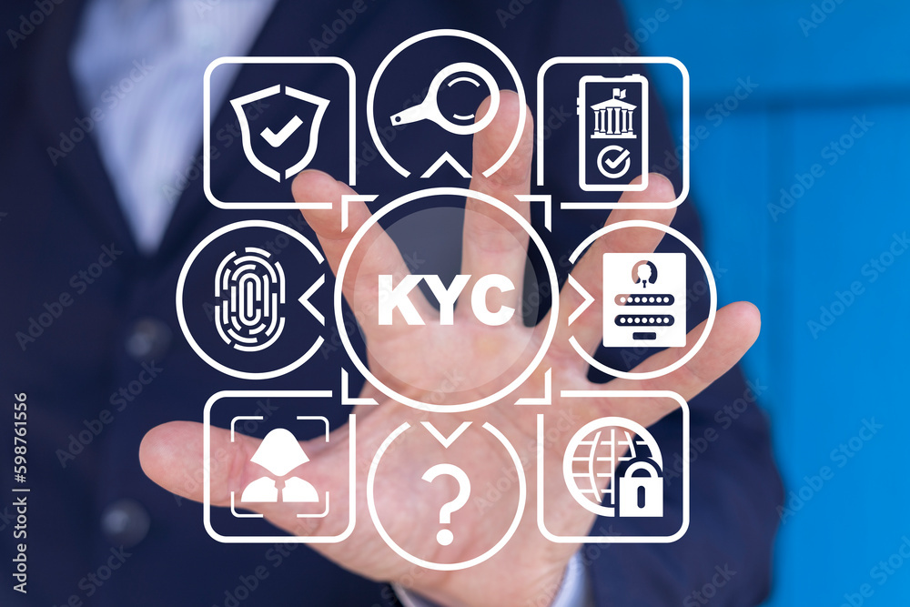 Man using virtual touch screen represents abbreviation: KYC. Electronic technology concept of ...