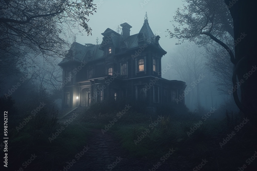 Old haunted abandoned mansion in creepy night forest with cold fog ...