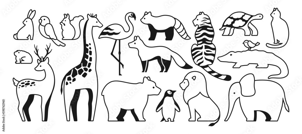 Vektorová grafika „Animal cute linear symbol set. Sign hare parrot ...