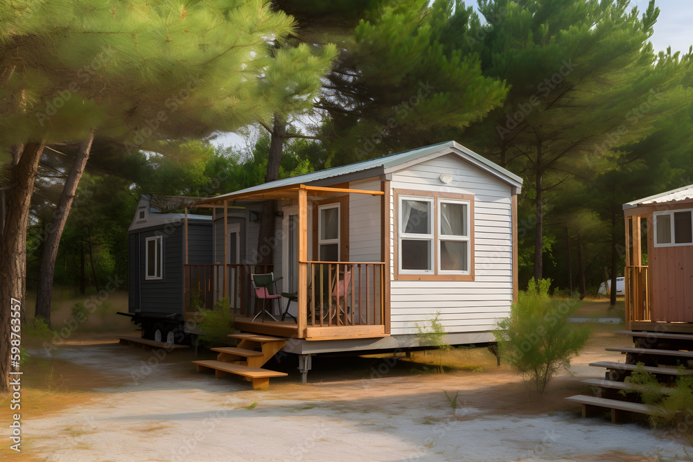 Vacation mobile houses on a campsite with trees around. High quality ...