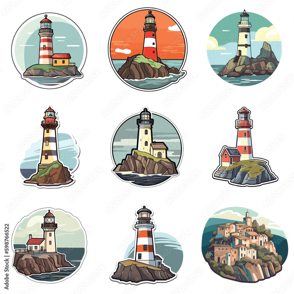 LightHouse Stickers , 9 Different Types Classic Vintage Light House ...