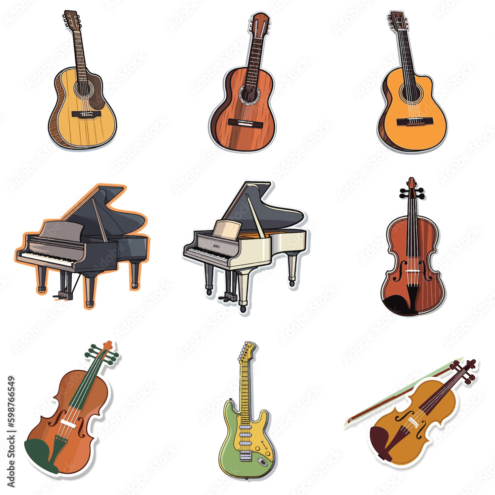 Music Instruments Stickers , 9 Different Types Classic Vintage Cartoon ...