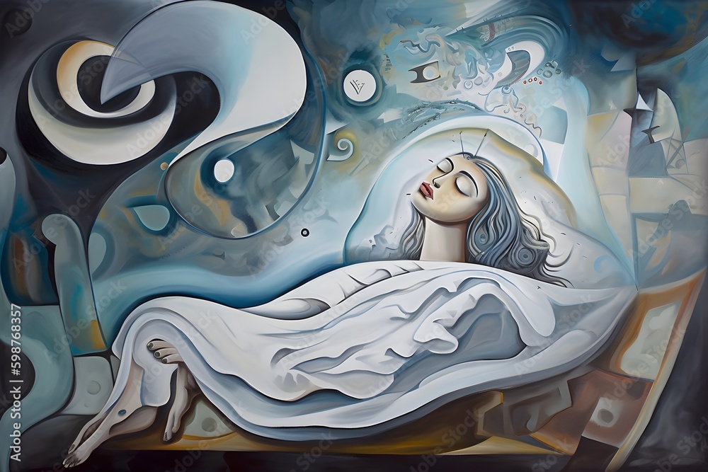 A surreal acrylic painting of a person sleeping on a bed, with a ...
