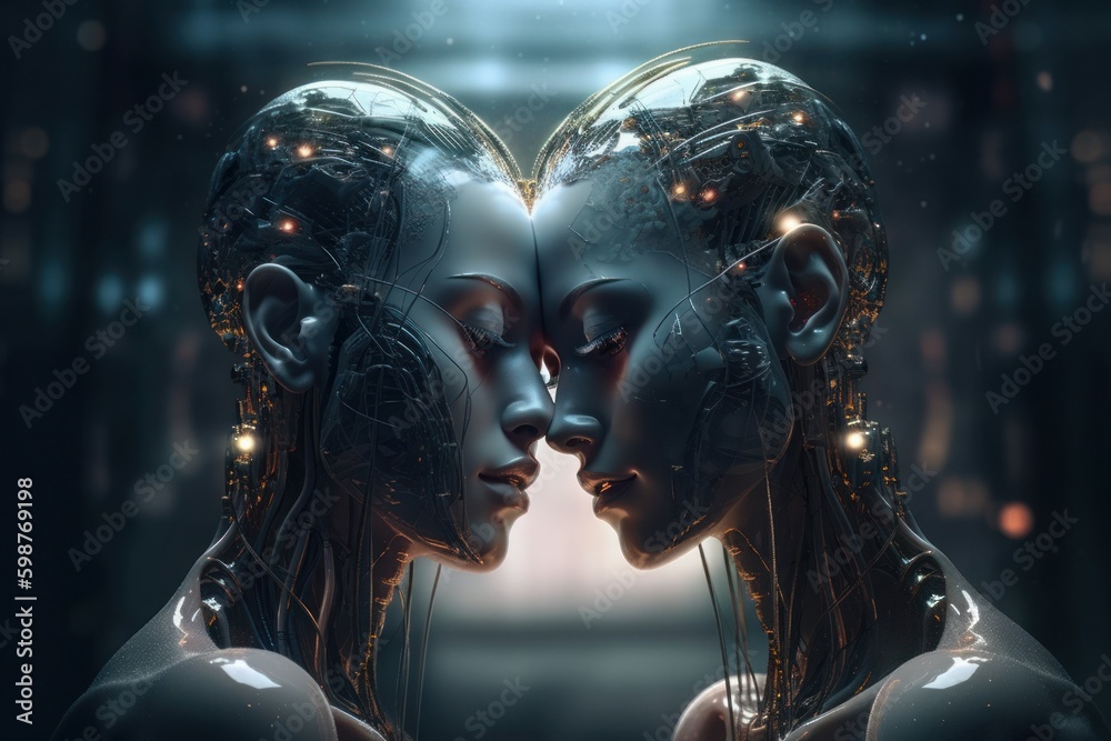 Two robots show each other feelings. Love robots concept. AI generated ...