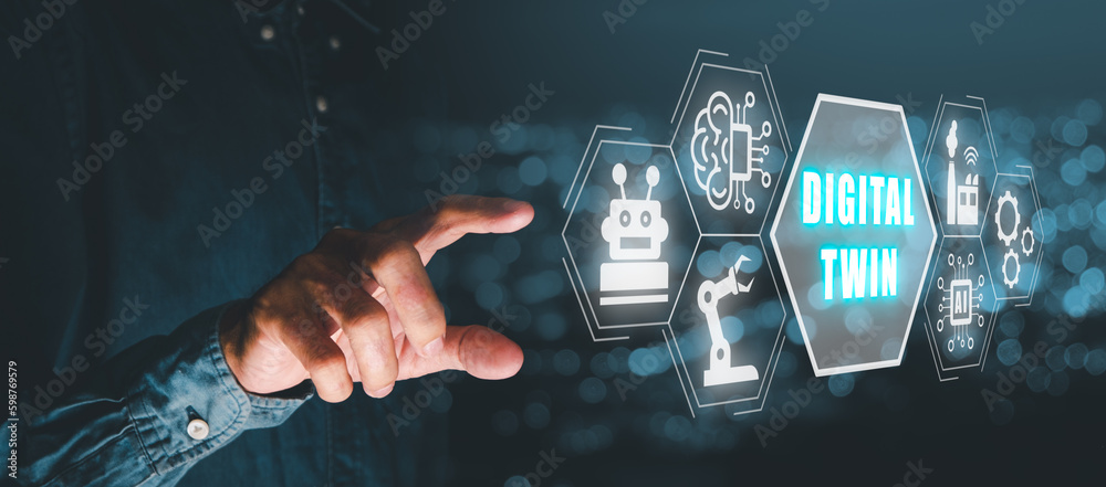 Digital twin business and industrial process modelling, Businessman ...