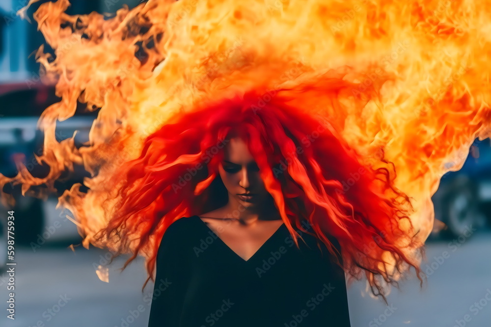 redhead woman with head on fire walking down street, stress and burnout ...