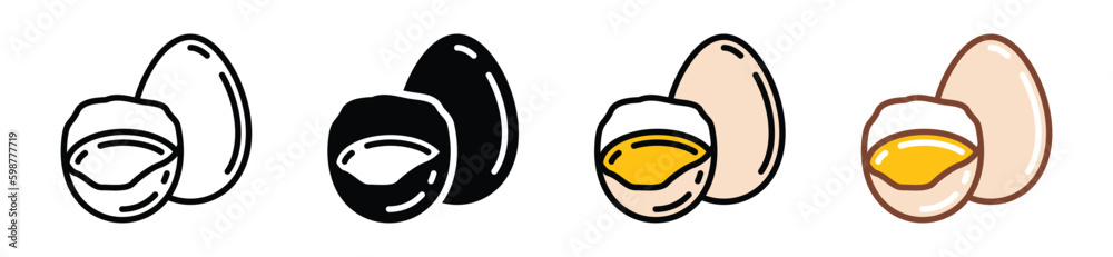 Egg icons vector set in line, flat, and color style. Egg and broken egg ...
