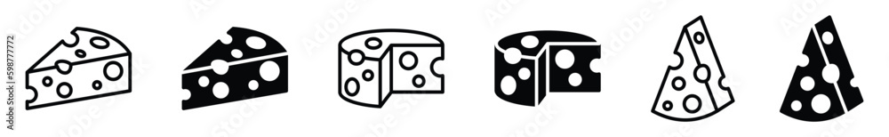 Cheese icons vector set in line and flat style. Mozzarella, yogurt, ricotta, cream cheese ...