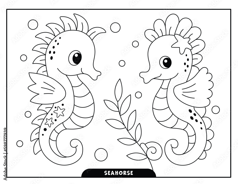 Seahorse coloring pages for kids Stock Vector | Adobe Stock