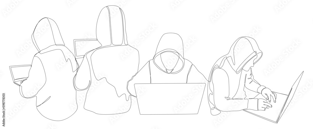One continuous line of group of male people with laptop, workin as a ...