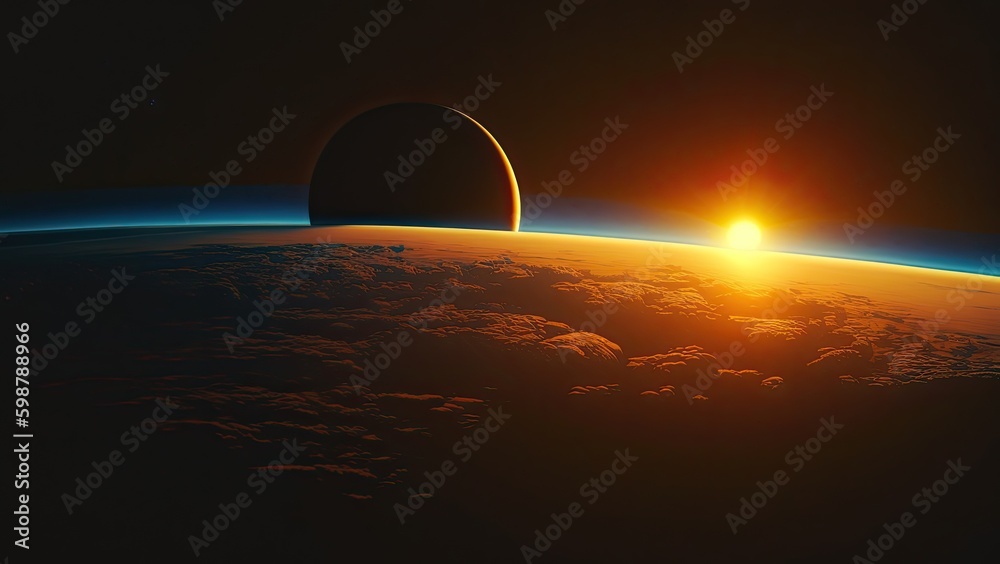 Sun rising over planet earth in space. Planet view with moon horizon ...