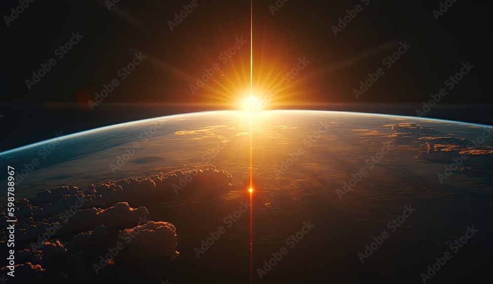 Sun rising over planet earth in space. Planet view with moon horizon ...