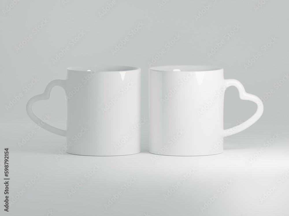 Realistic 11oz Heart Shaped Handle Ceramic Mugs Mock Up on a Plain ...
