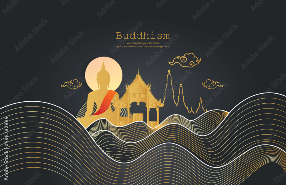 Buddha golden line meditating and wave dark color vector background ...