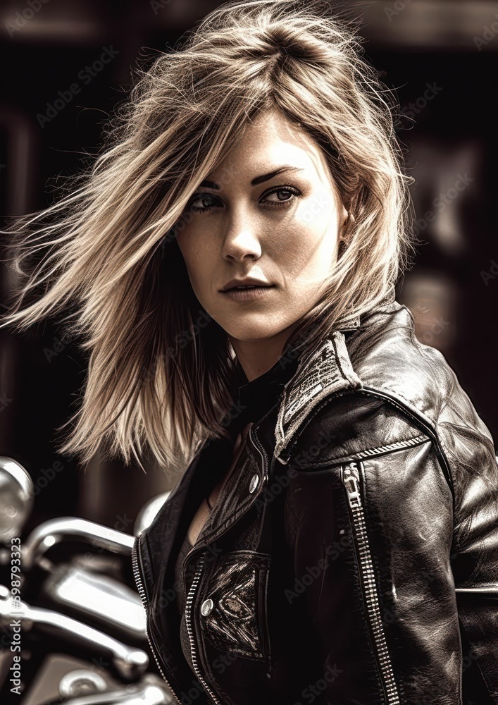 beauty motorcycle girl blond woman leather jacket standing next face ...