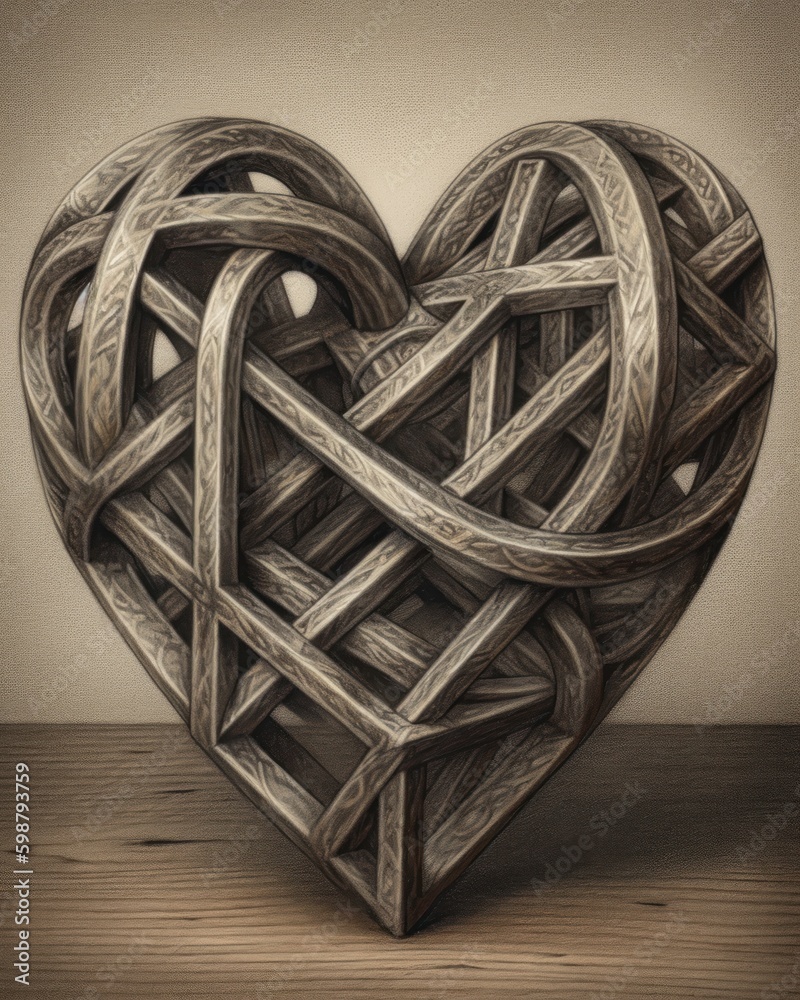 drawing mind bending optical closeup heart wooden strips table charcoal ...