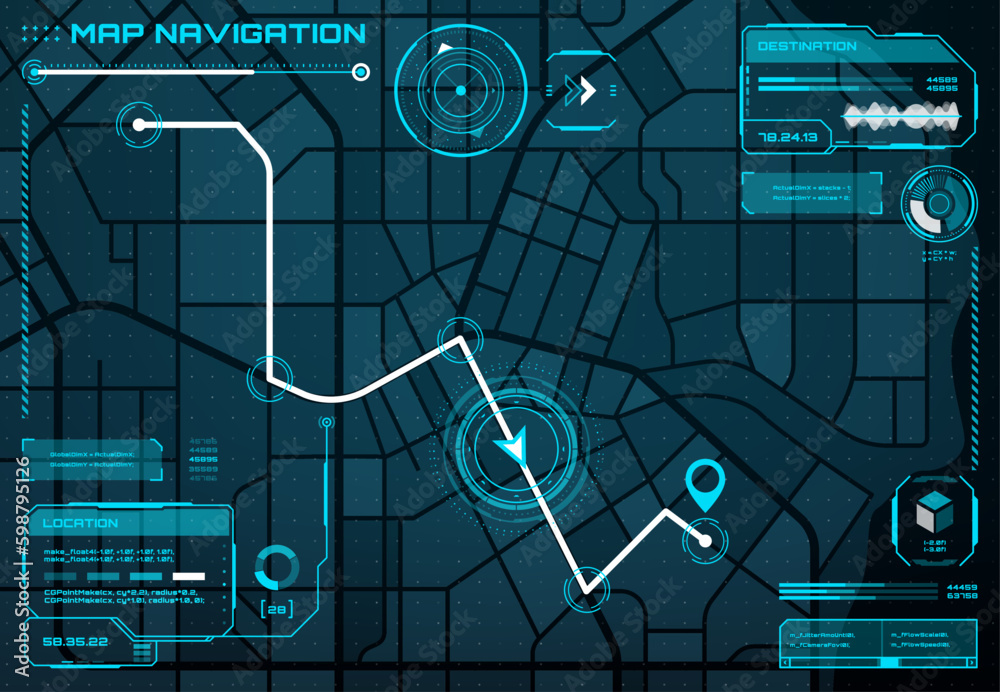 Hud city map navigation interface screen, route. Road traffic path ...