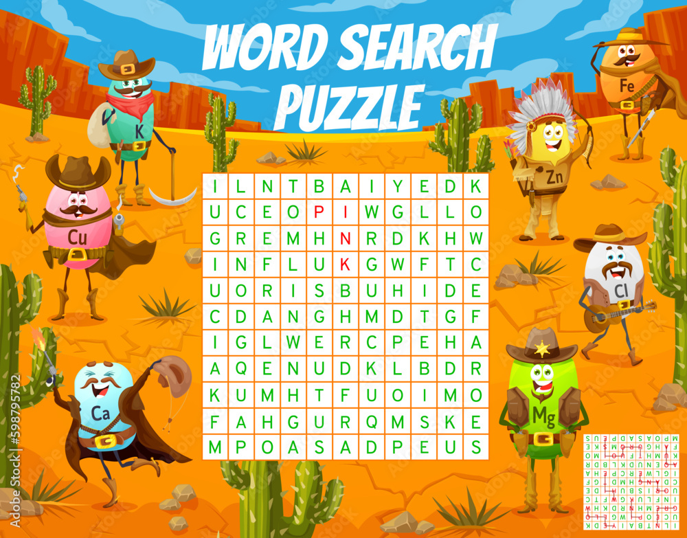 Word search puzzle game. Wild West cartoon cowboy, sheriff, bandit and ...