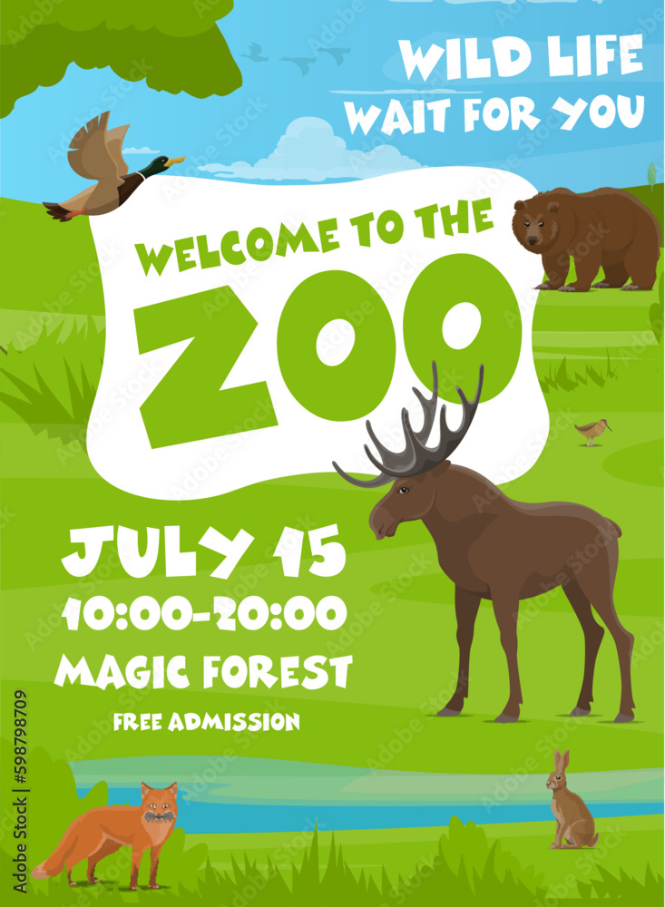 Stockvector Zoo flyer with forest animals and birds in forest park for ...