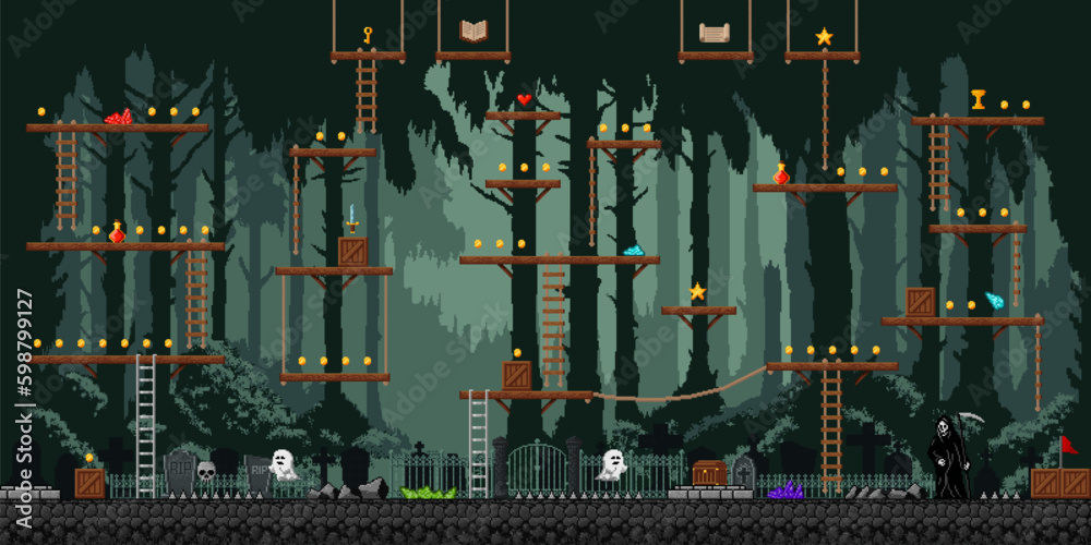 Night forest and cemetery game level map. Console gaming app level ...