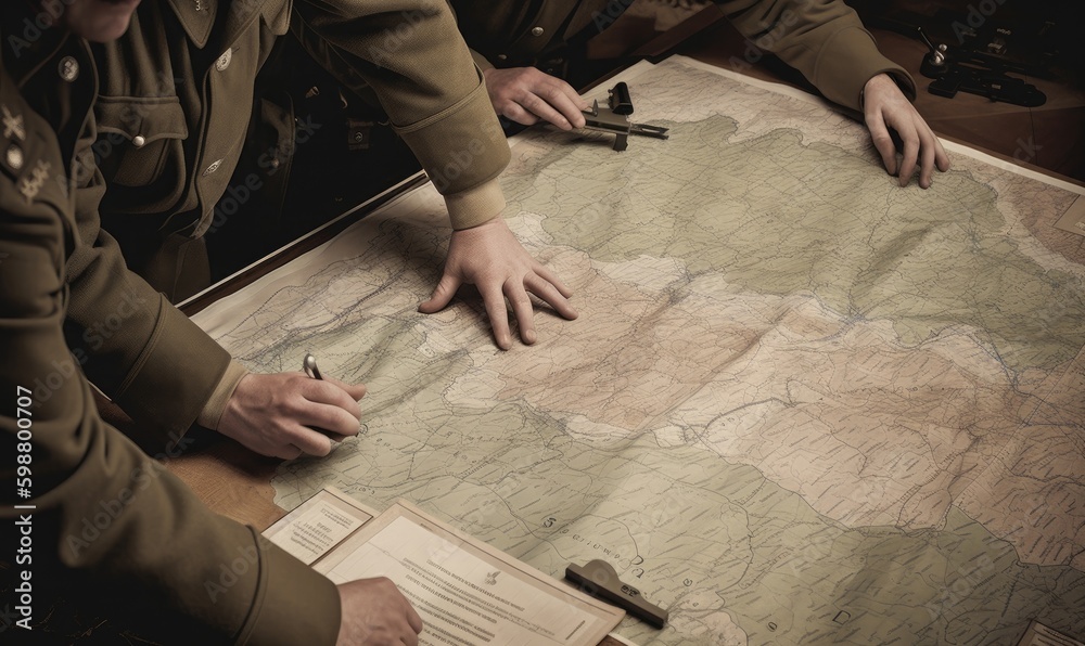 Military council reviews war strategy using a detailed map Creating ...